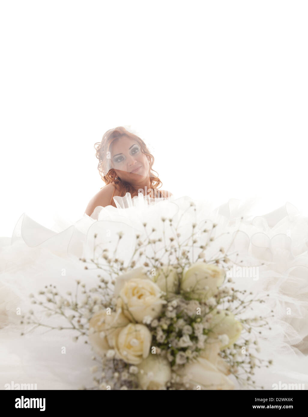 Happy beautiful bride white background Stock Photo - Alamy