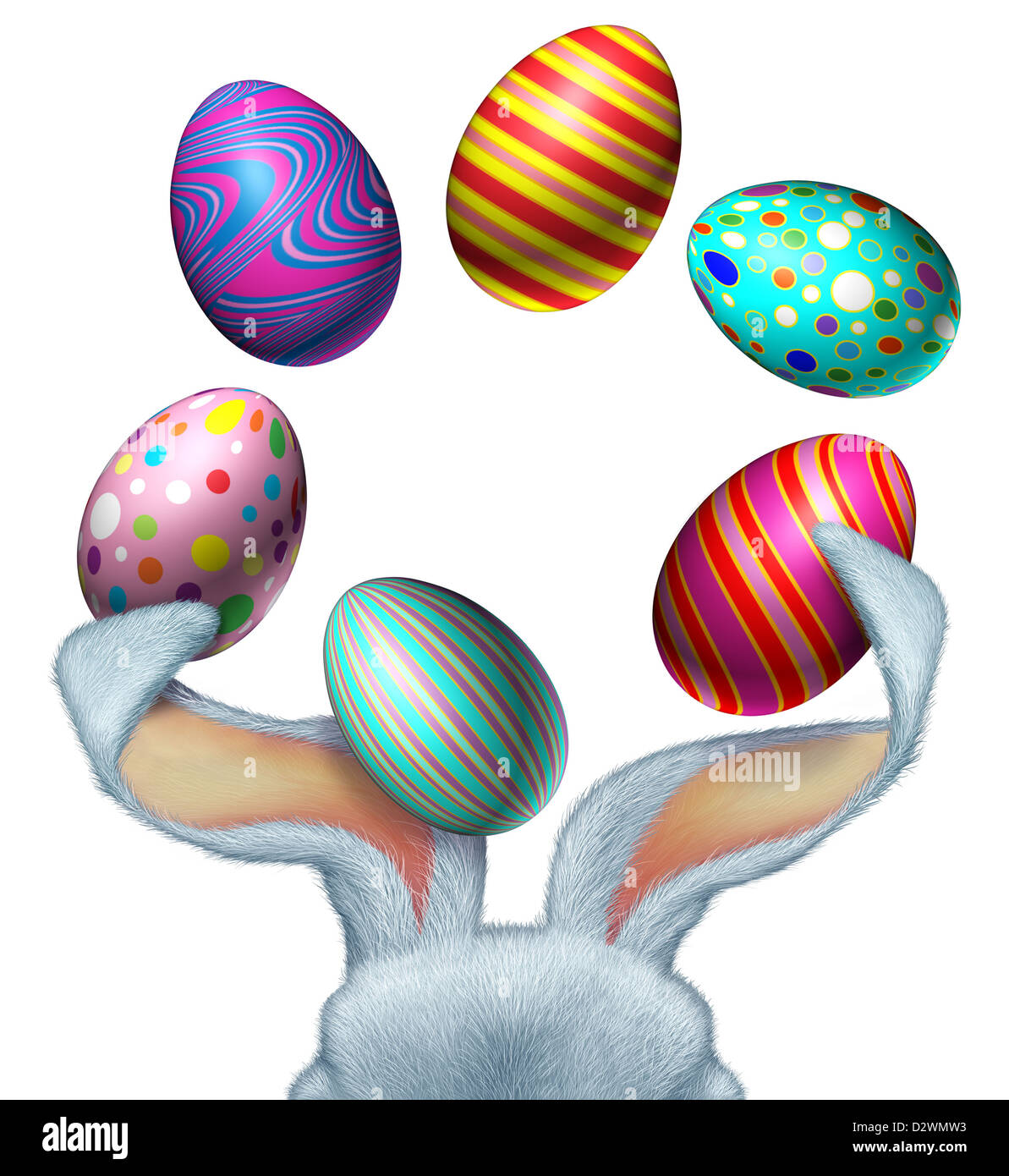 Easter bunny with white fur juggling decorated festive eggs using his ...