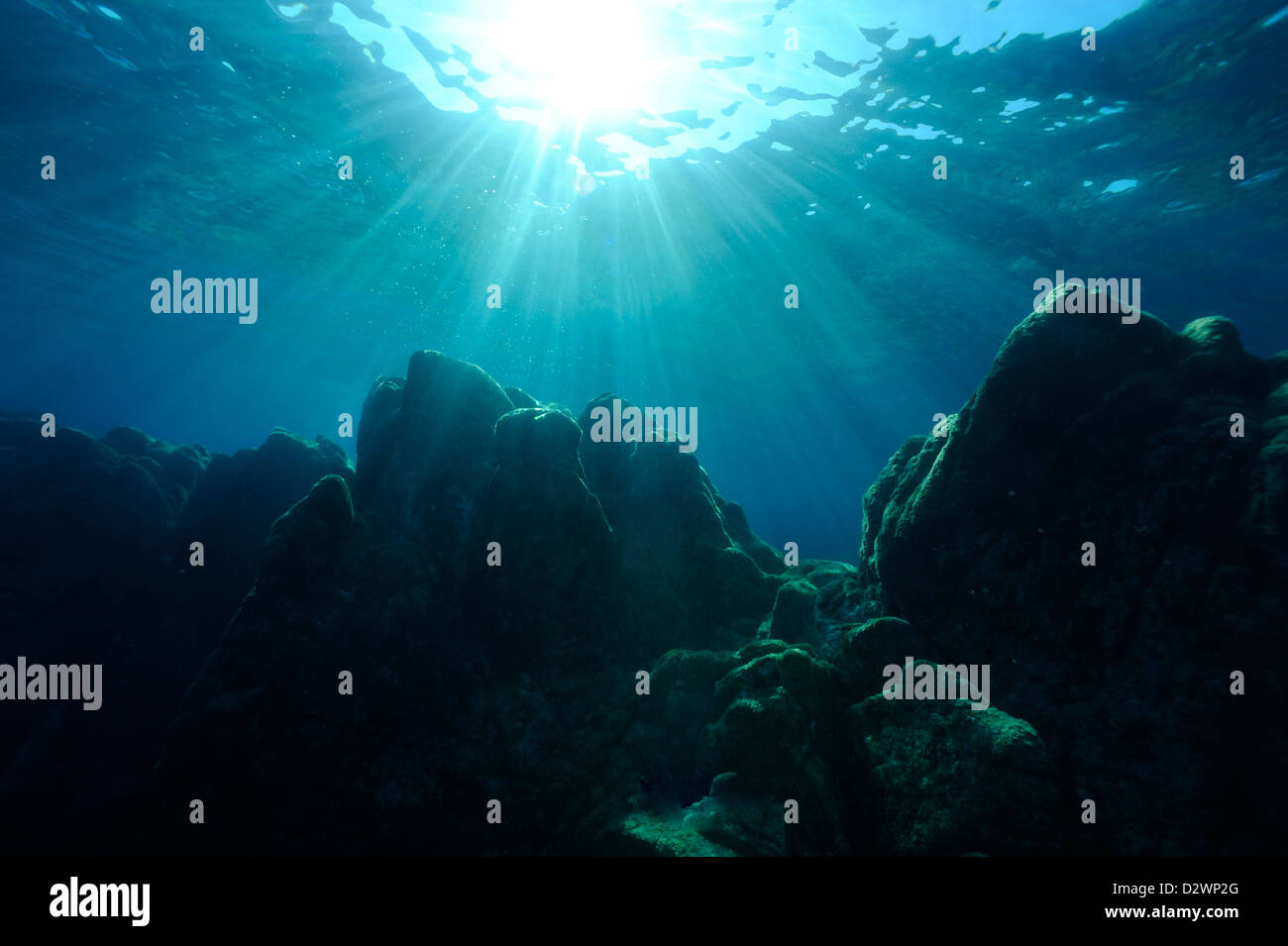 underwater view, sunrays reflection in the blue water, Corsica ...