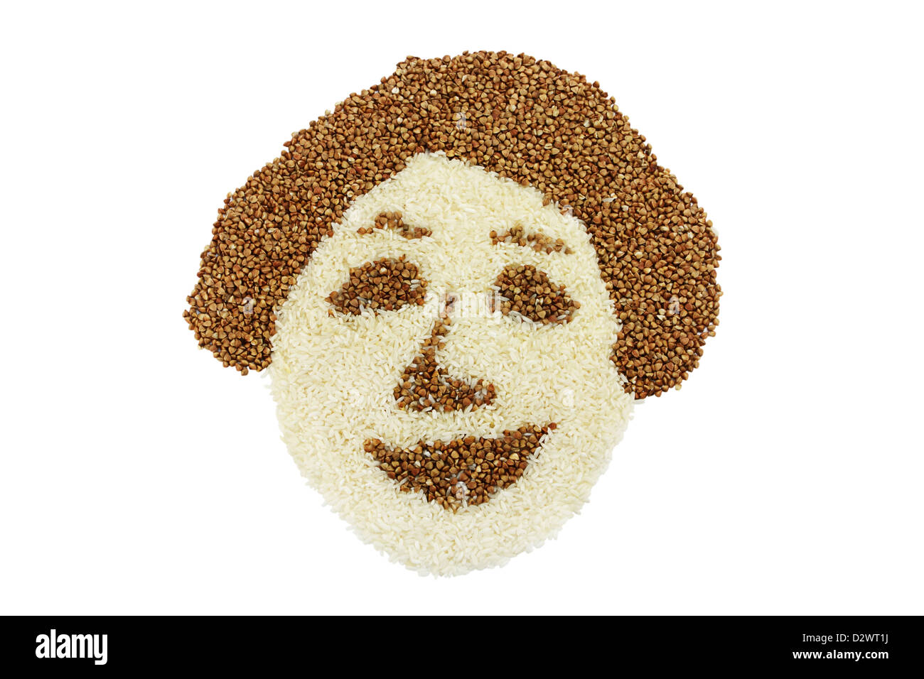 Rice and buckwheat as a merry woman face isolated on white background ...