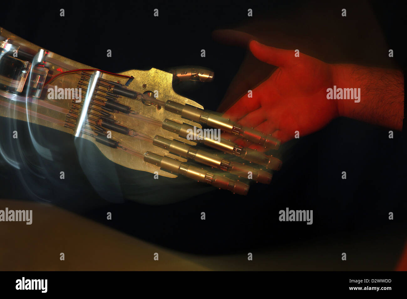 Berlin, Germany, Bionic hand and human hand Stock Photo - Alamy