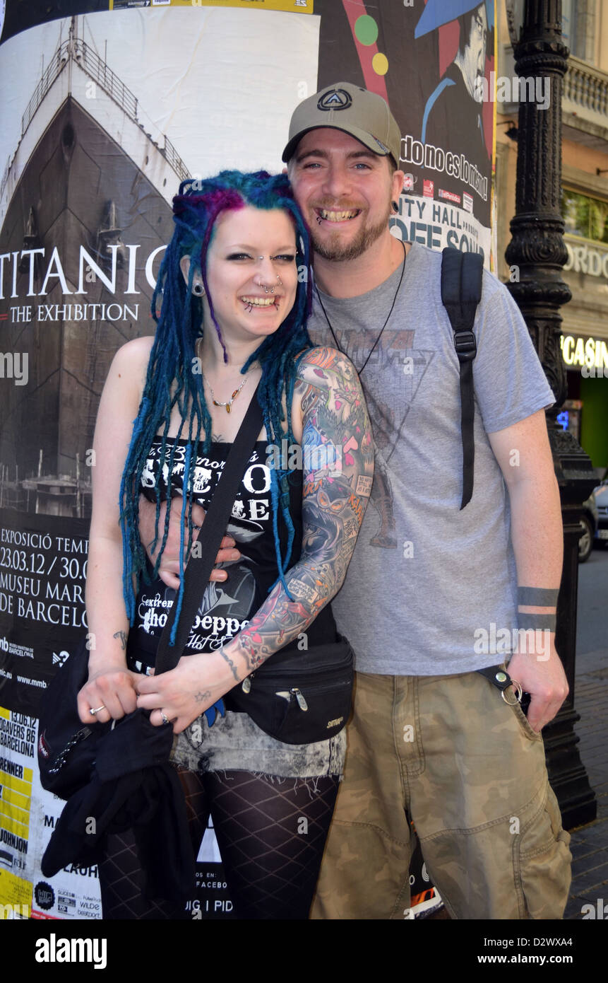 Portrait of a British couple photographed on Las Ramblas in Barcelona ...