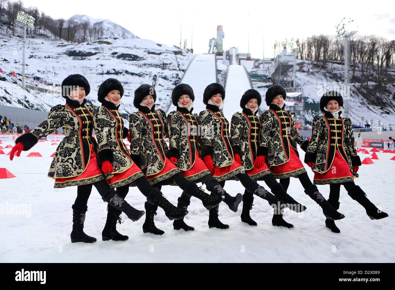 Hostesses in traditional Russian costumes pose after the FIS Nordic ...