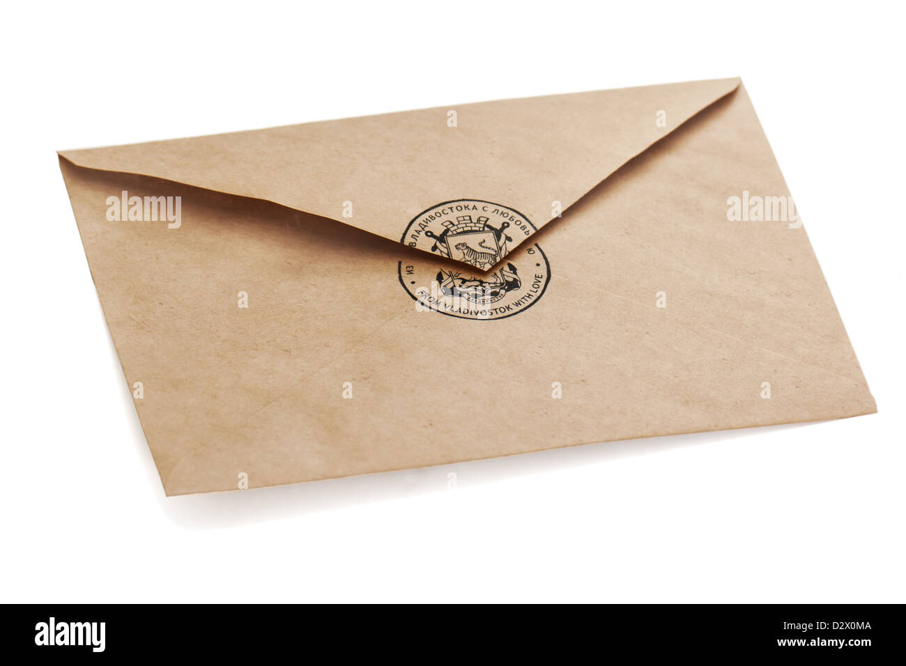 envelope with stamp "From Vladivostok with love" isolated on a white ...