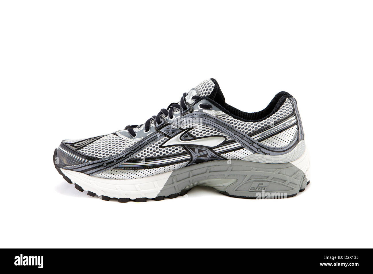 Silver Running Trainer on white background Stock Photo - Alamy