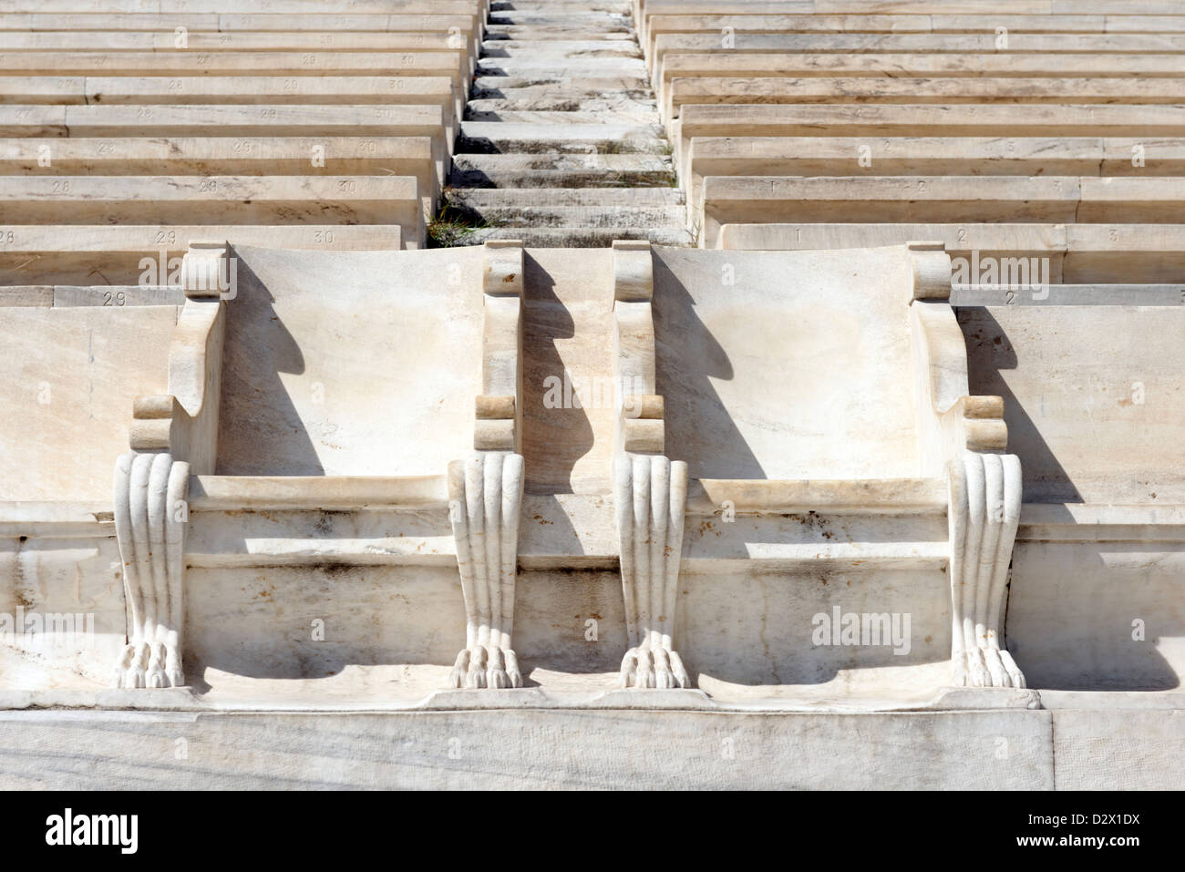 Panathenaic stadium Athens Greece. View of the Royal boxes (seats) from ...