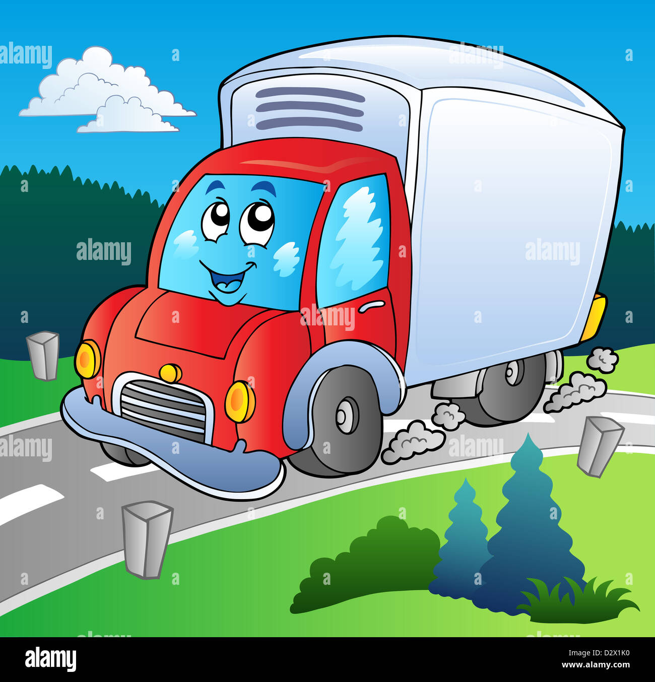 Cartoon delivery truck on road - color illustration Stock Photo - Alamy