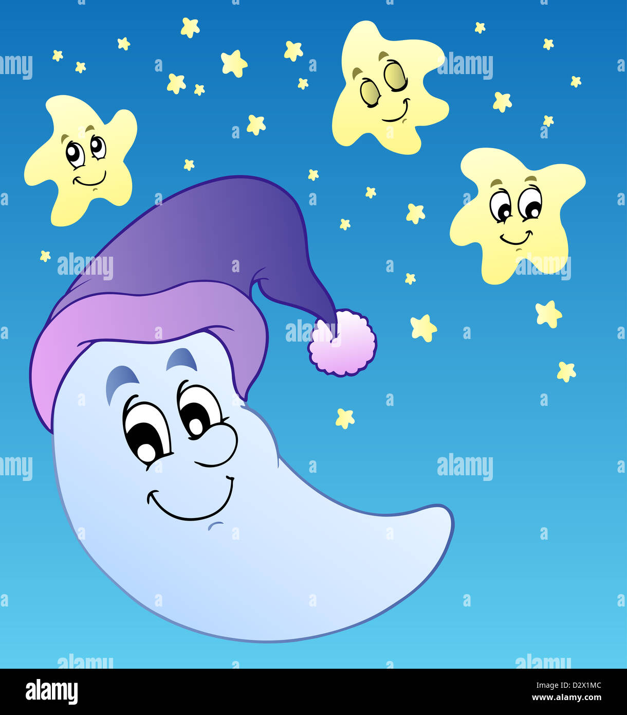 Sky with cute Moon in sleeping hat - color illustration Stock Photo - Alamy
