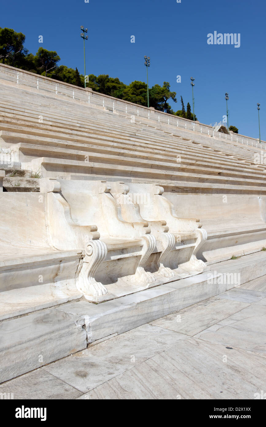 Panathenaic stadium Athens Greece. View of the Royal boxes (seats) from ...