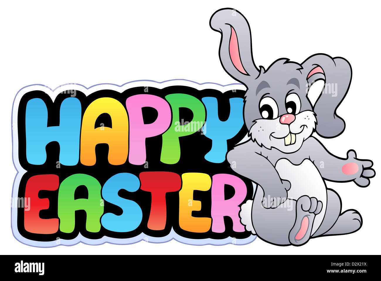 Happy Easter sign with happy bunny - color illustration Stock Photo - Alamy