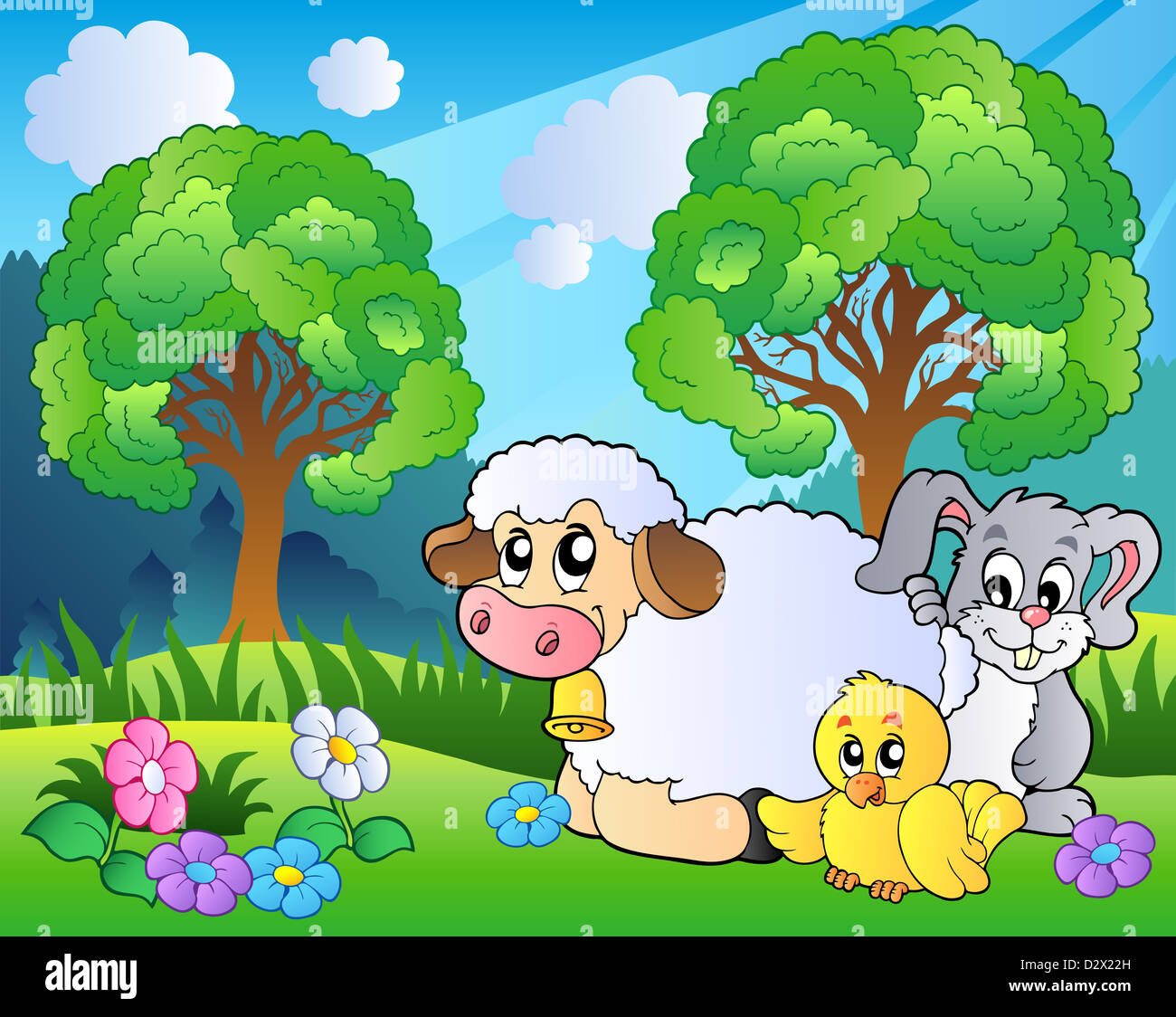 Meadow with spring animals - color illustration Stock Photo - Alamy