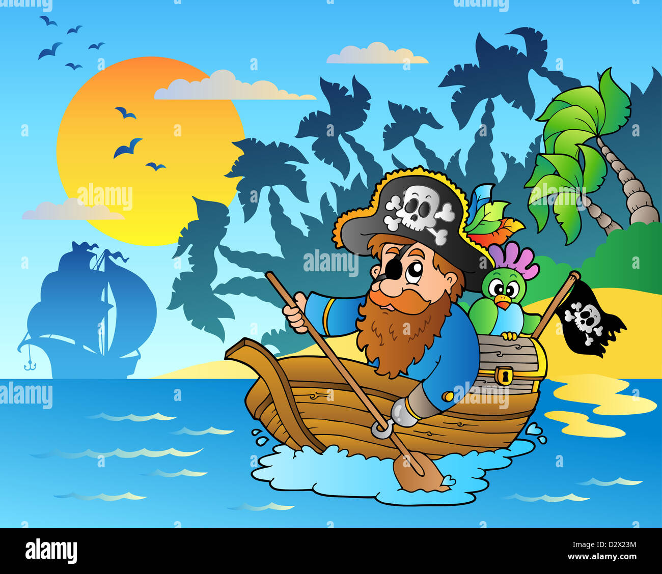 Pirate paddling in boat near island - color illustration Stock Photo ...