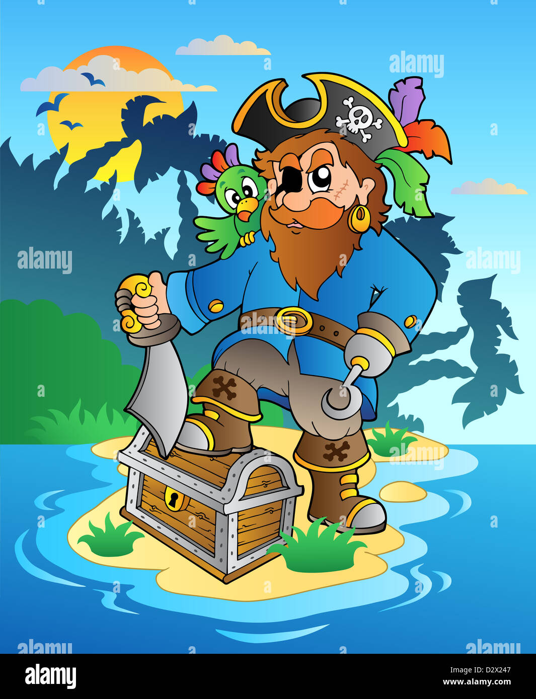 Pirate standing on chest on island - color illustration Stock Photo - Alamy