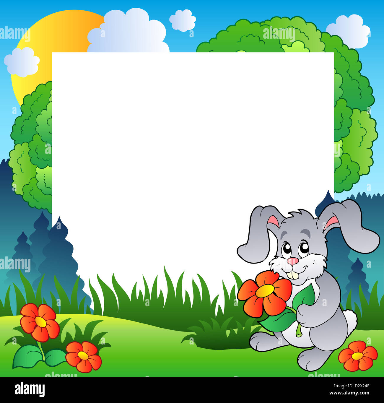Spring frame with bunny and flowers - color illustration Stock Photo ...