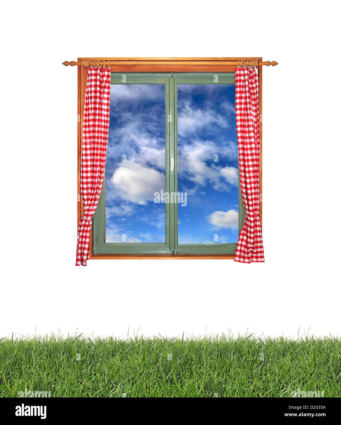 Window with a view of the clouds and green grass isolated on white ...