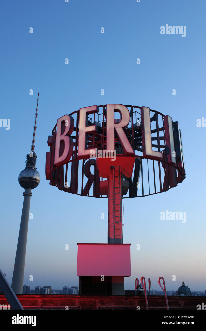 Berlin, Germany, illuminated sign with the word Berlin TV tower in the ...