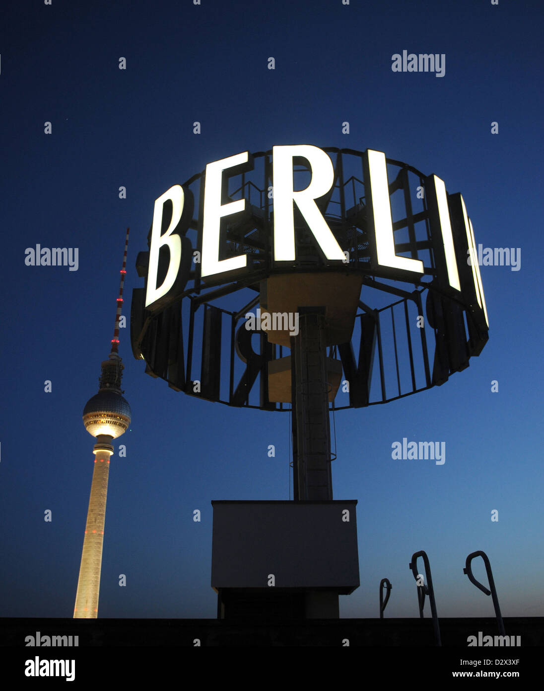 Berlin, Germany, illuminated sign with the word Berlin TV tower in the ...