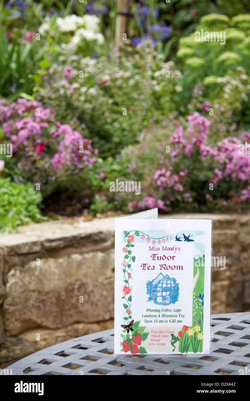 Menu at Miss Moody's Tudor Tea Room on outside table in garden at ...