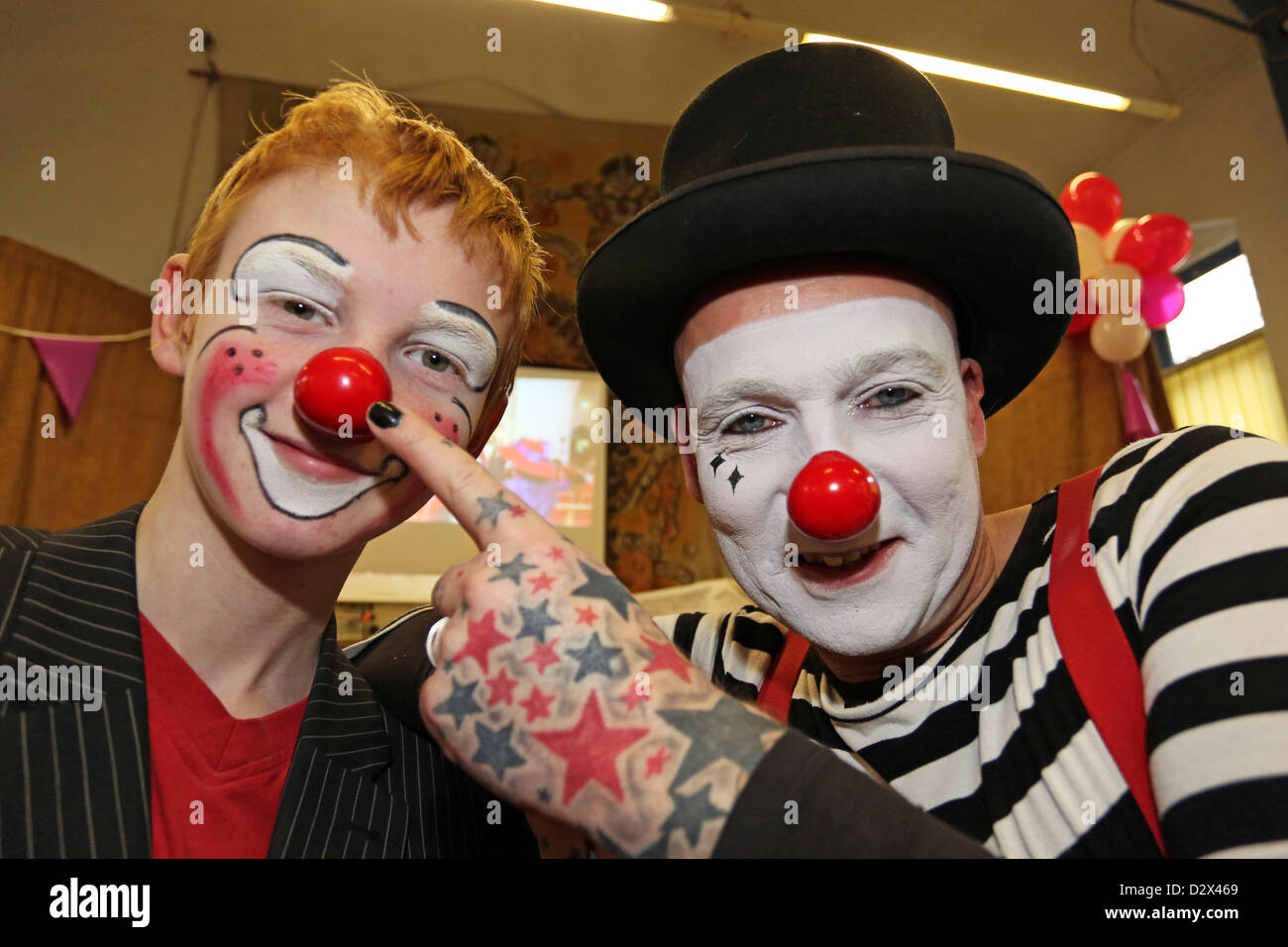 London, UK. 3rd February 2013. Mr. Mudge and Jake the clowns at the ...