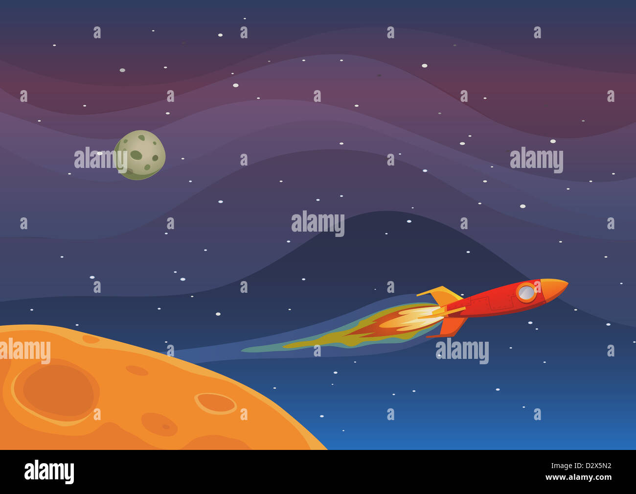 Illustration of a rocket spaceship flying through outer space among ...