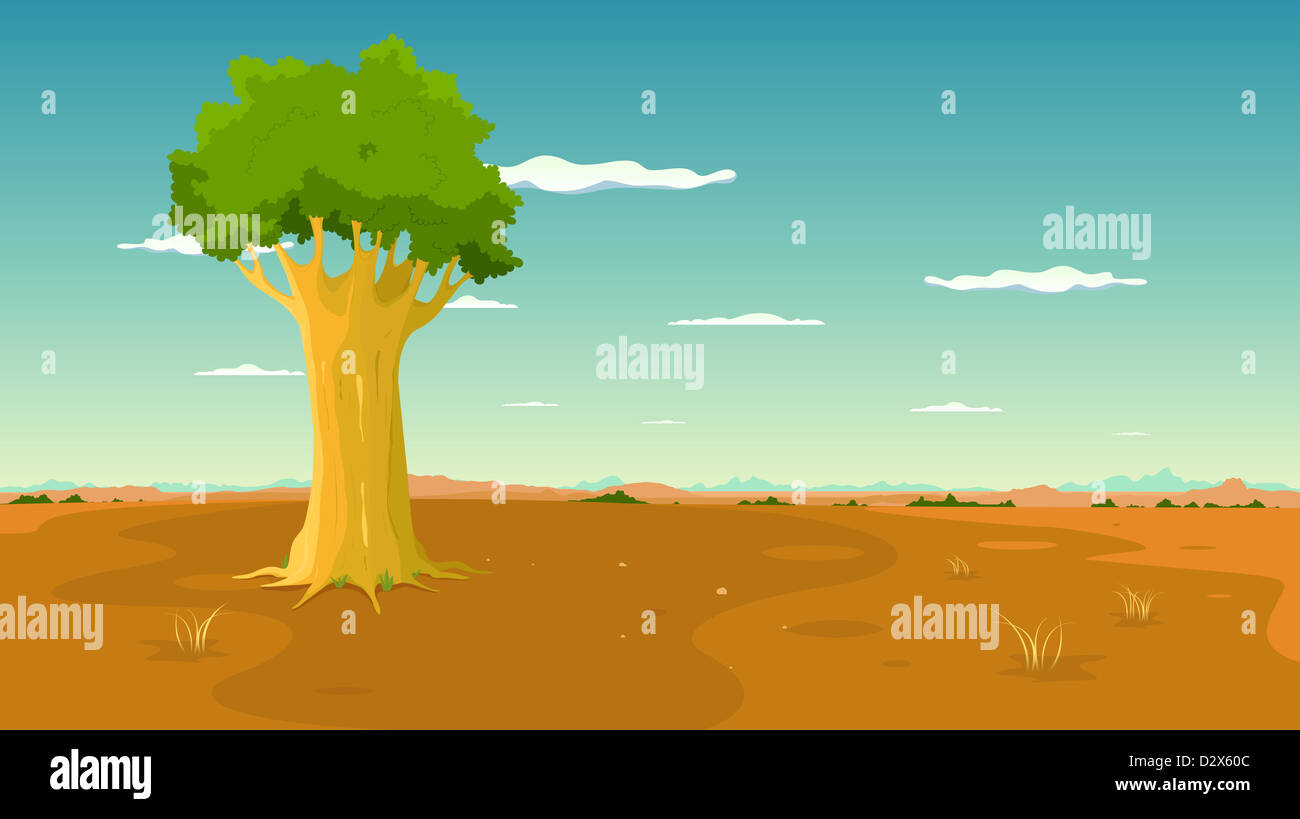Illustration of a cartoon wide desert landscape with a single tree ...