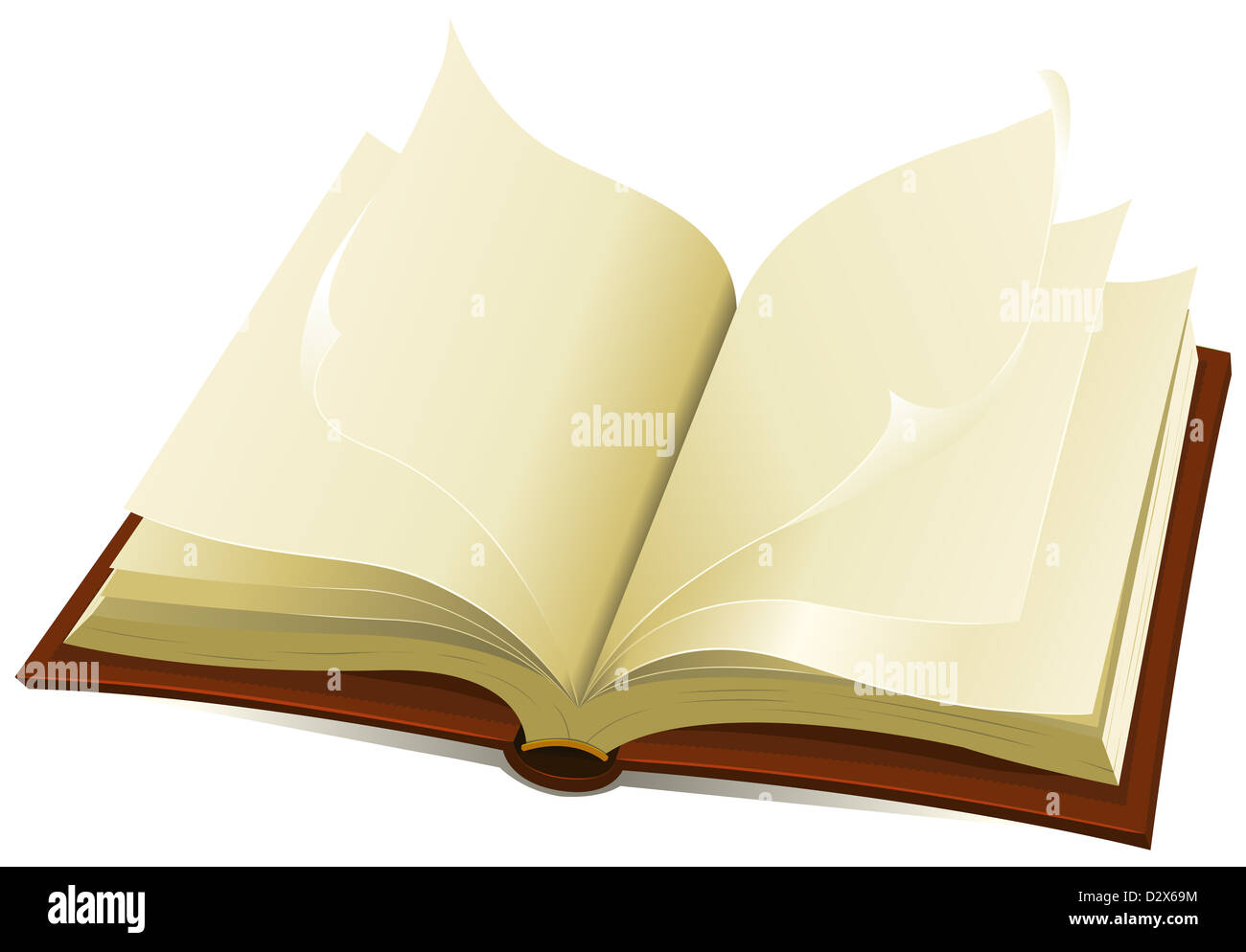 Illustration of an opened old brown and leather covered book with torn ...