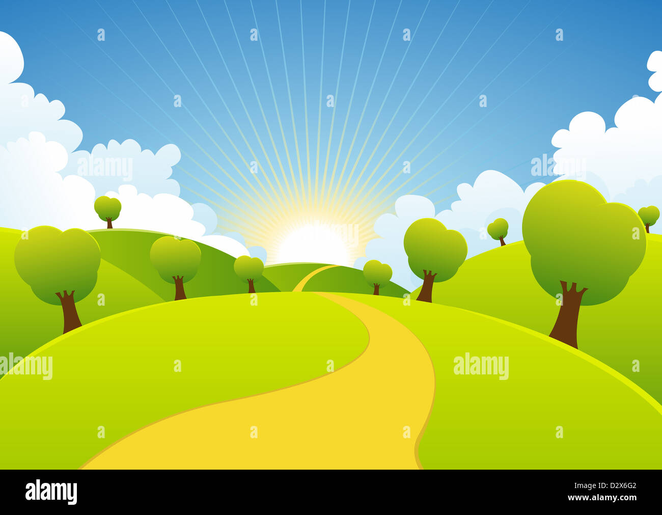 Illustration of a cartoon summer or spring season country landscape ...