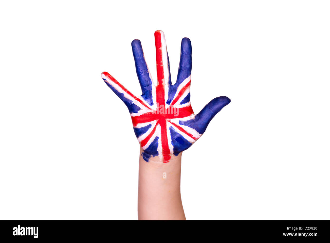 The United Kingdom flag on a hand isolated on white. Eurotrip ...