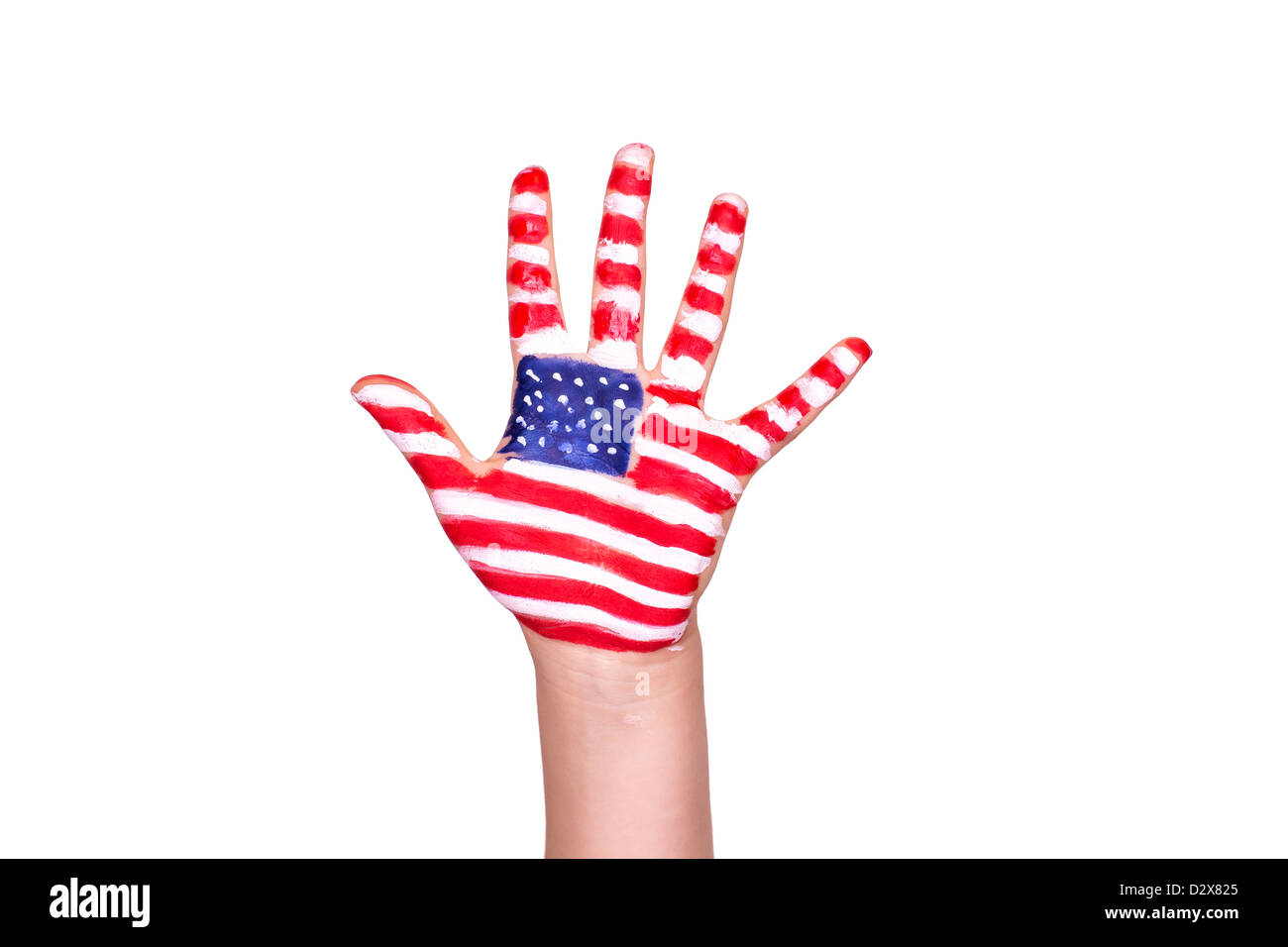American flag on a hand isolated on white. Travelling to America ...
