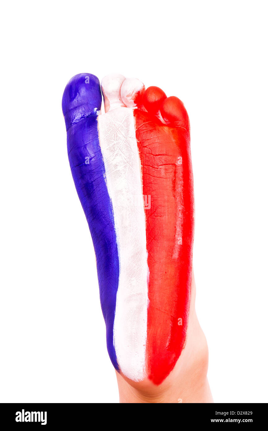 France flag on a foot isolated on white. Eurotrip. Travelling to France ...