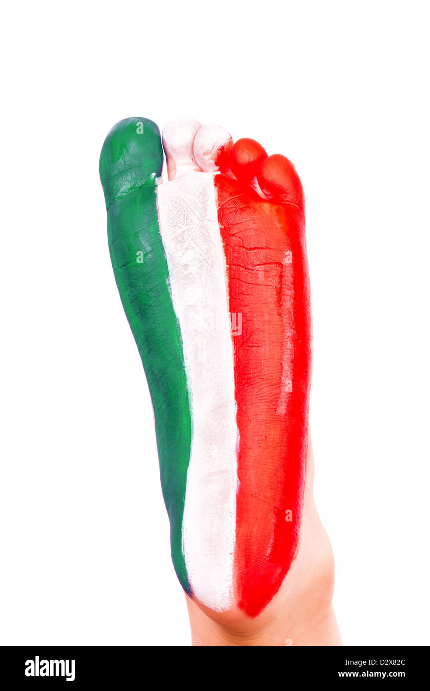 Italy flag on a foot isolated on white. Eurotrip. Travelling to Italy ...
