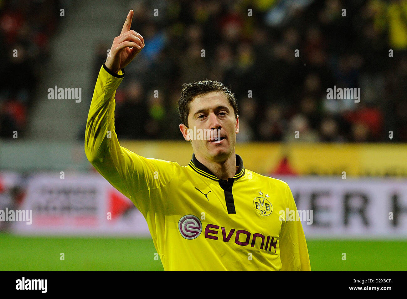 03.02.2013. Leverkusen, Germany. Dortmund's Robert Lewandowski ...