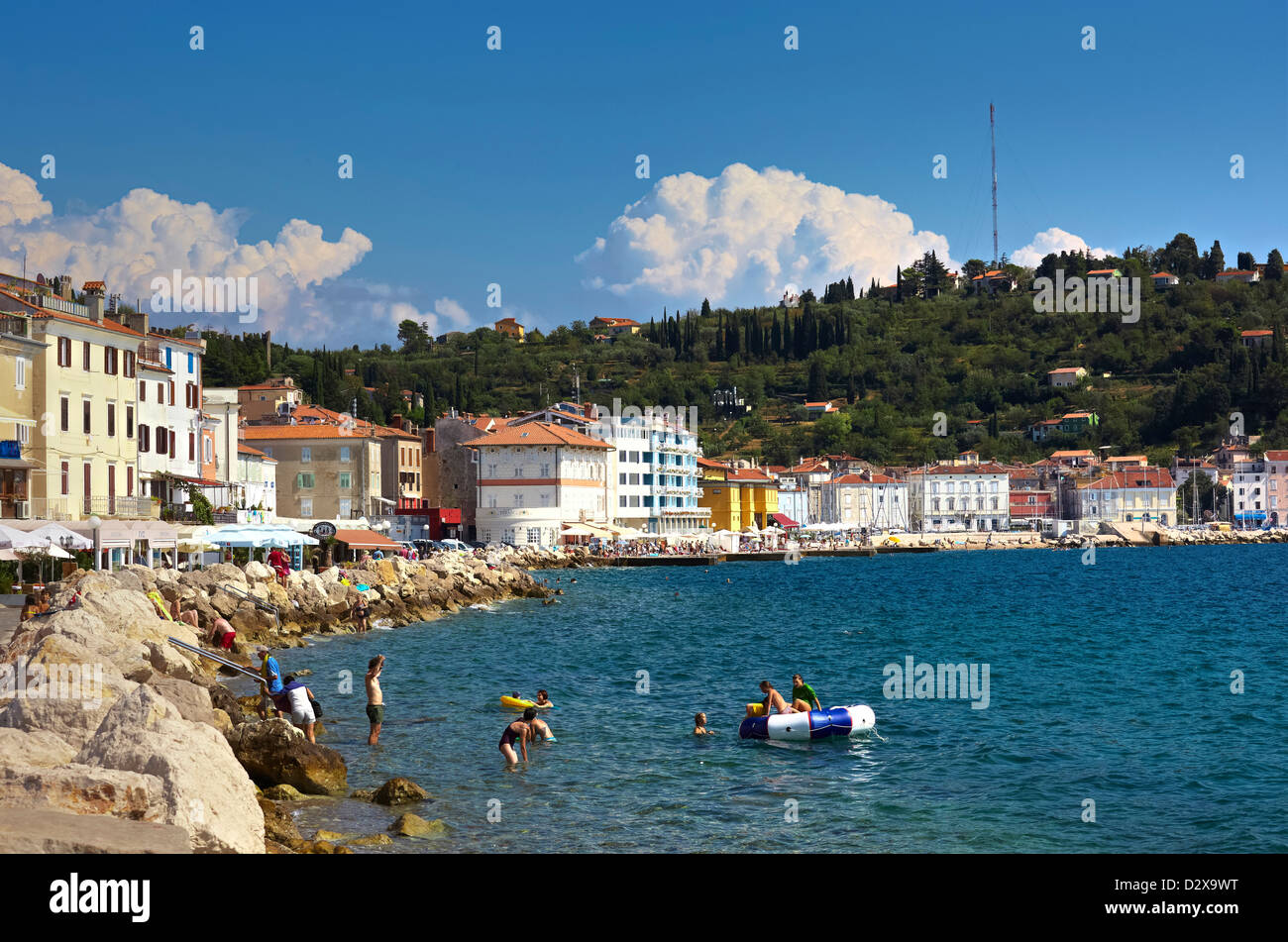 Swimmers at Harbour Promenade in Piran, Adriatic coast, Slovenia Stock ...