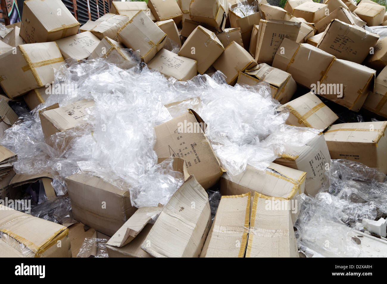 Berlin, Germany, a pile of empty cardboard boxes and packaging film ...