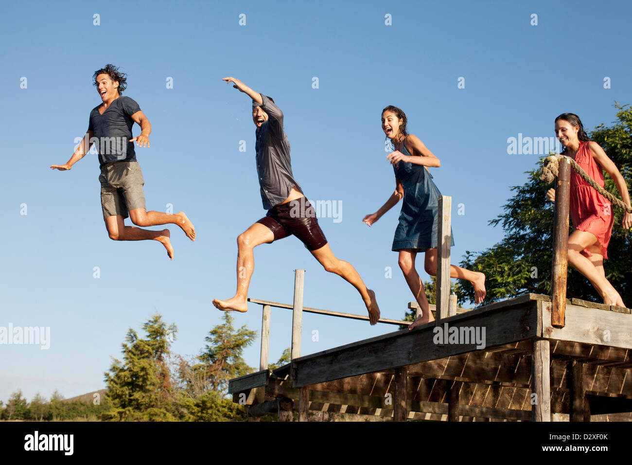 Enthusiastic friends jumping off dock Stock Photo - Alamy