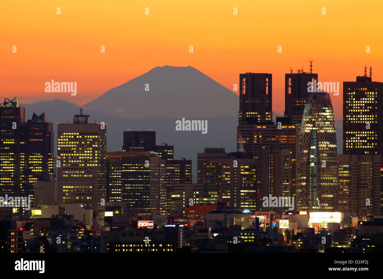 Mount Fuji and Shinjuku skyscrapers after Sunset in Tokyo Japan Stock ...
