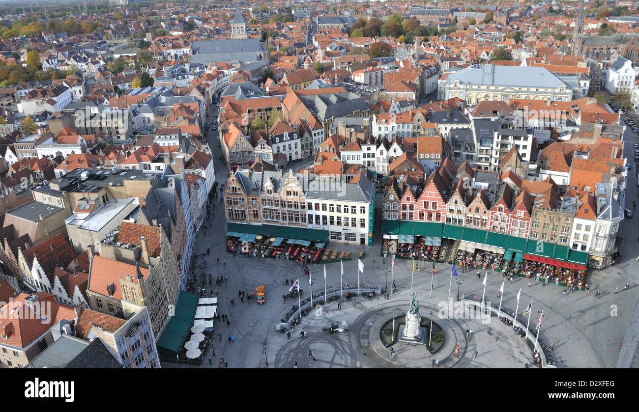 Birds eye view of the main square Brugge (Belgium), taken from the city ...