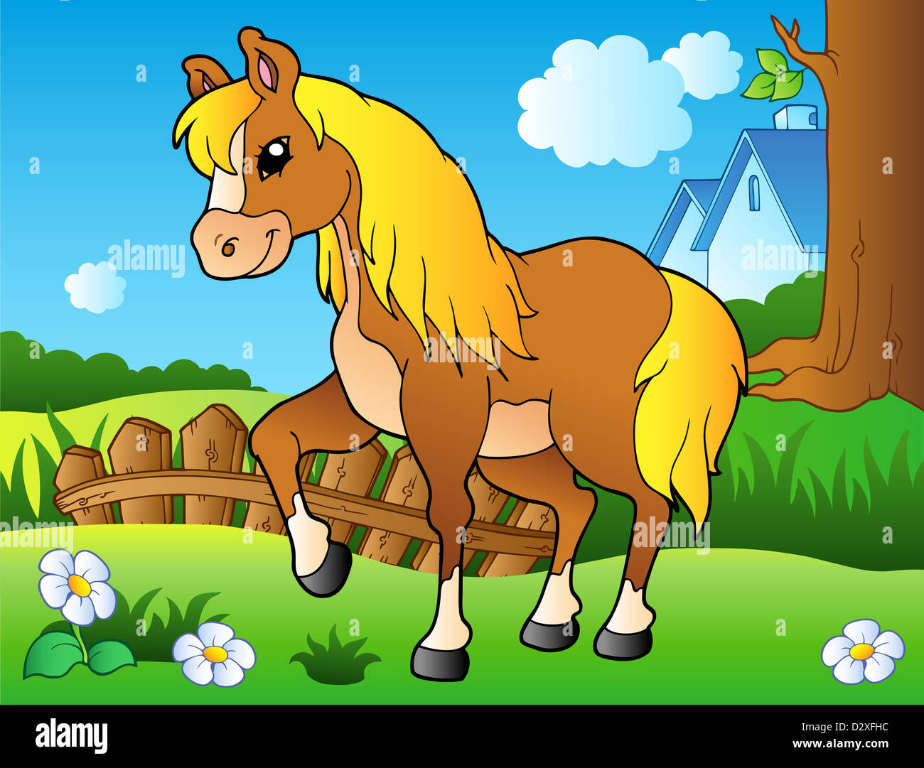 Cartoon horse on spring meadow - color illustration Stock Photo - Alamy