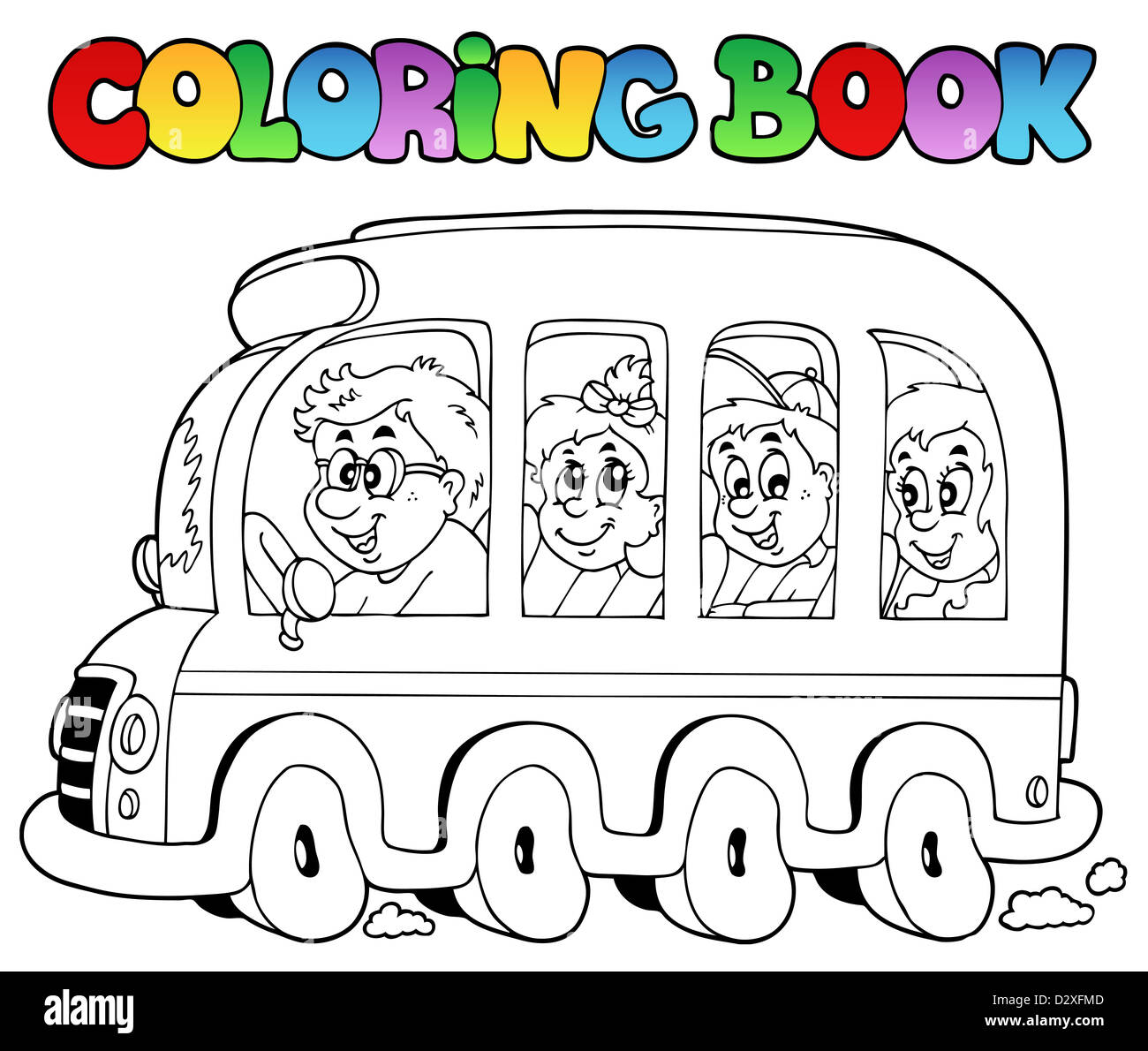 Coloring book with school bus - thematic illustration Stock Photo - Alamy