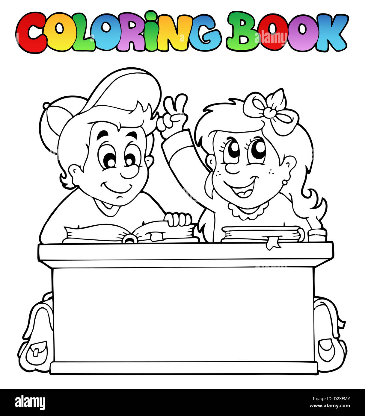 Coloring book with two pupils - thematic illustration Stock Photo - Alamy