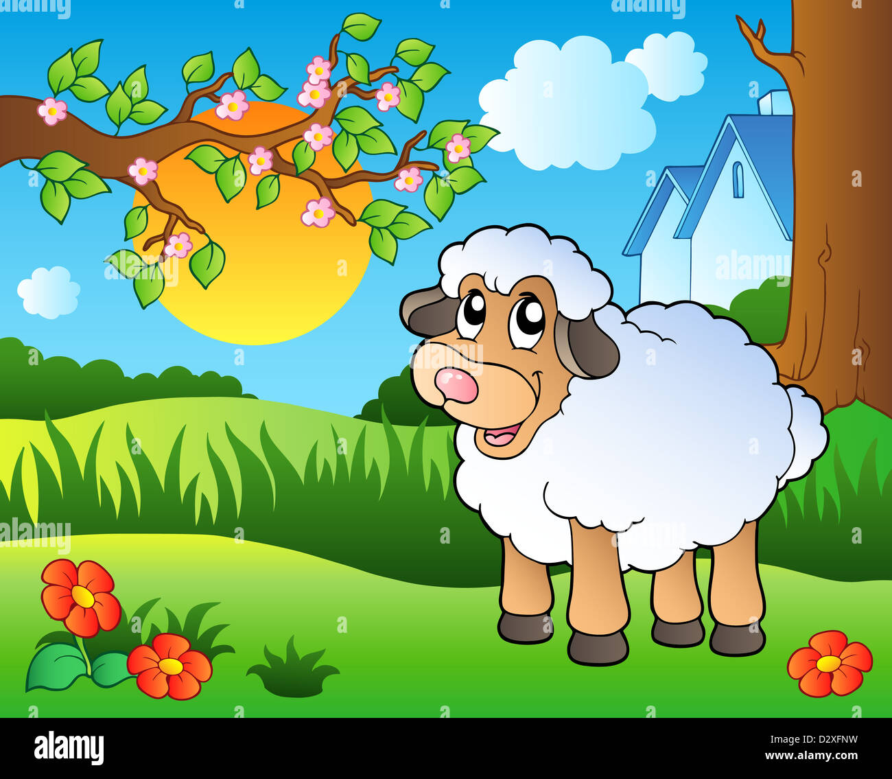 Cute sheep on spring meadow - color illustration Stock Photo - Alamy