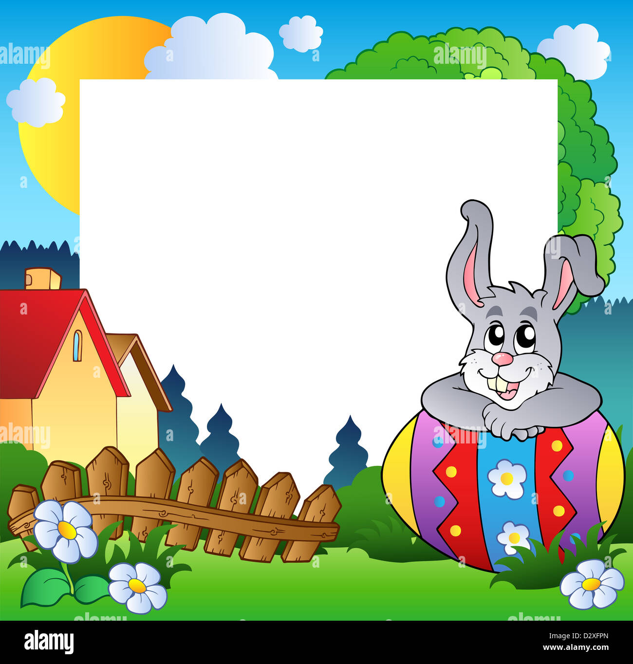 Easter frame with egg and bunny - color illustration Stock Photo - Alamy