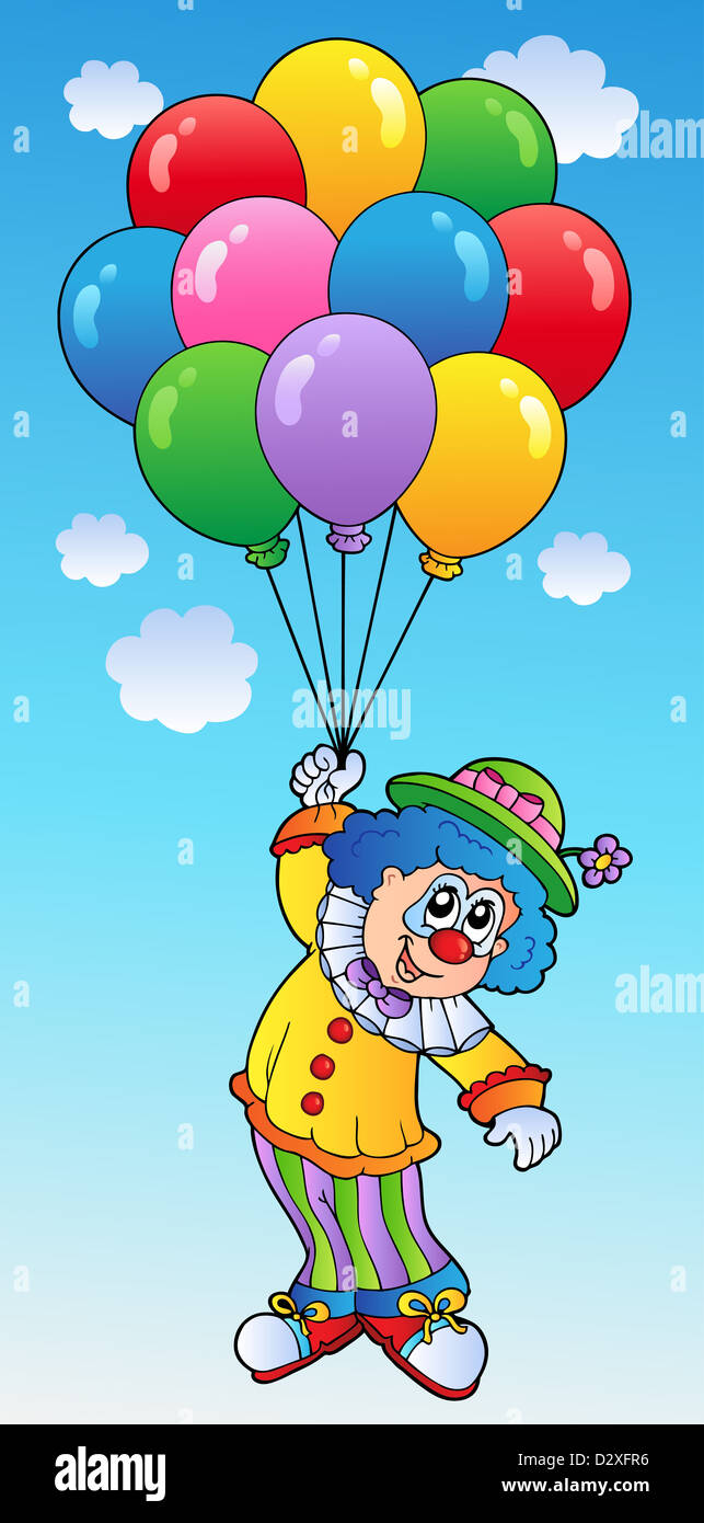 Flying clown with cartoon balloons - color illustration Stock Photo - Alamy