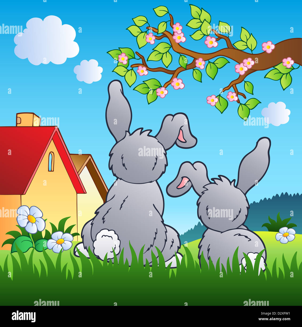 Meadow with two rabbits - color illustration Stock Photo - Alamy