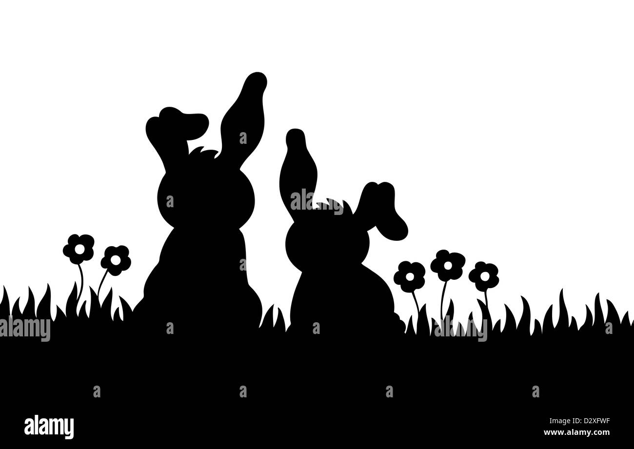 Silhouette of two rabbits on meadow - black and white illustration ...