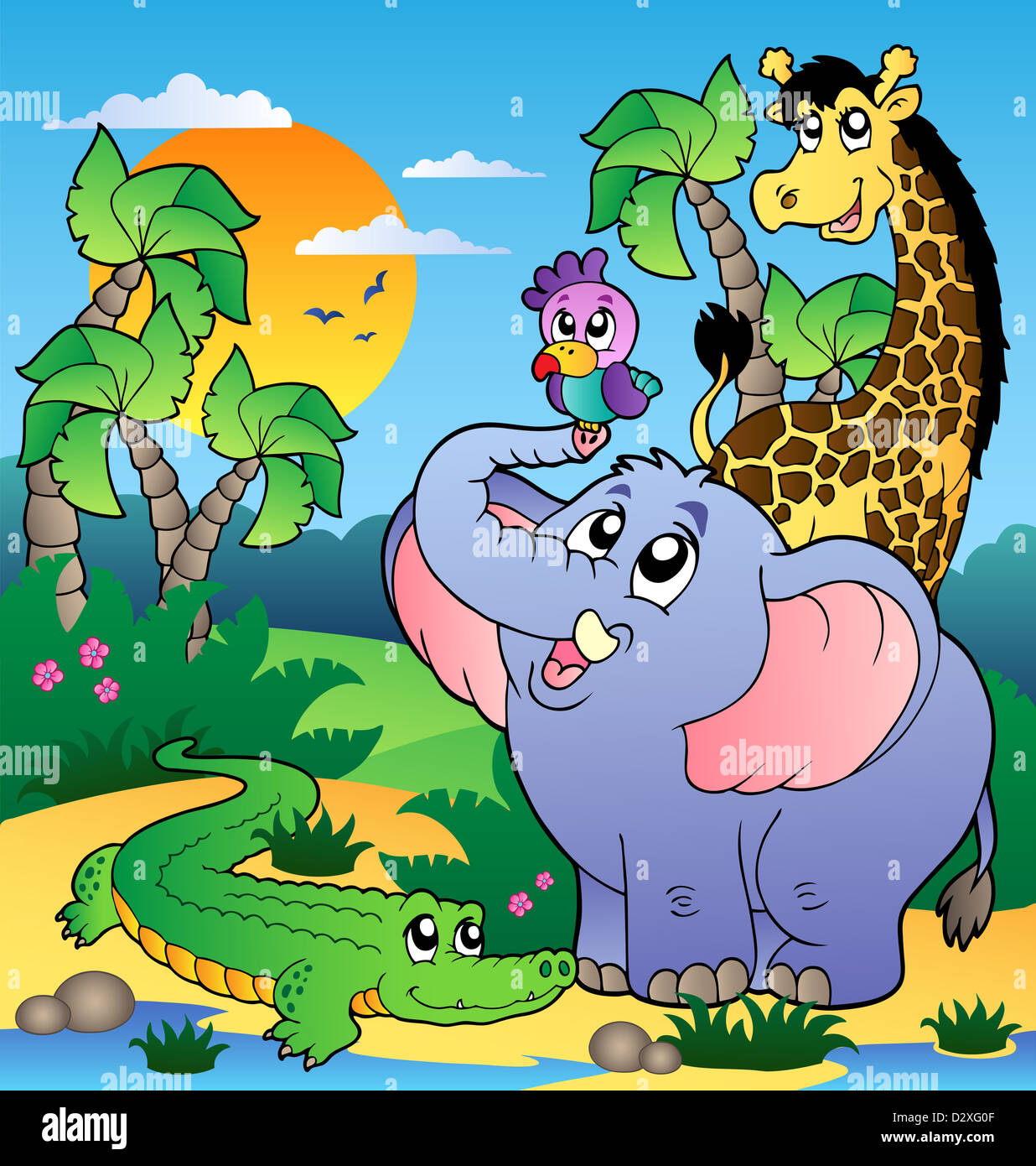 African scenery with animals 2 - color illustration Stock Photo - Alamy