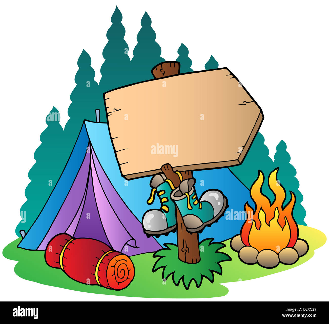 Camping wooden sign near tent - color illustration Stock Photo - Alamy