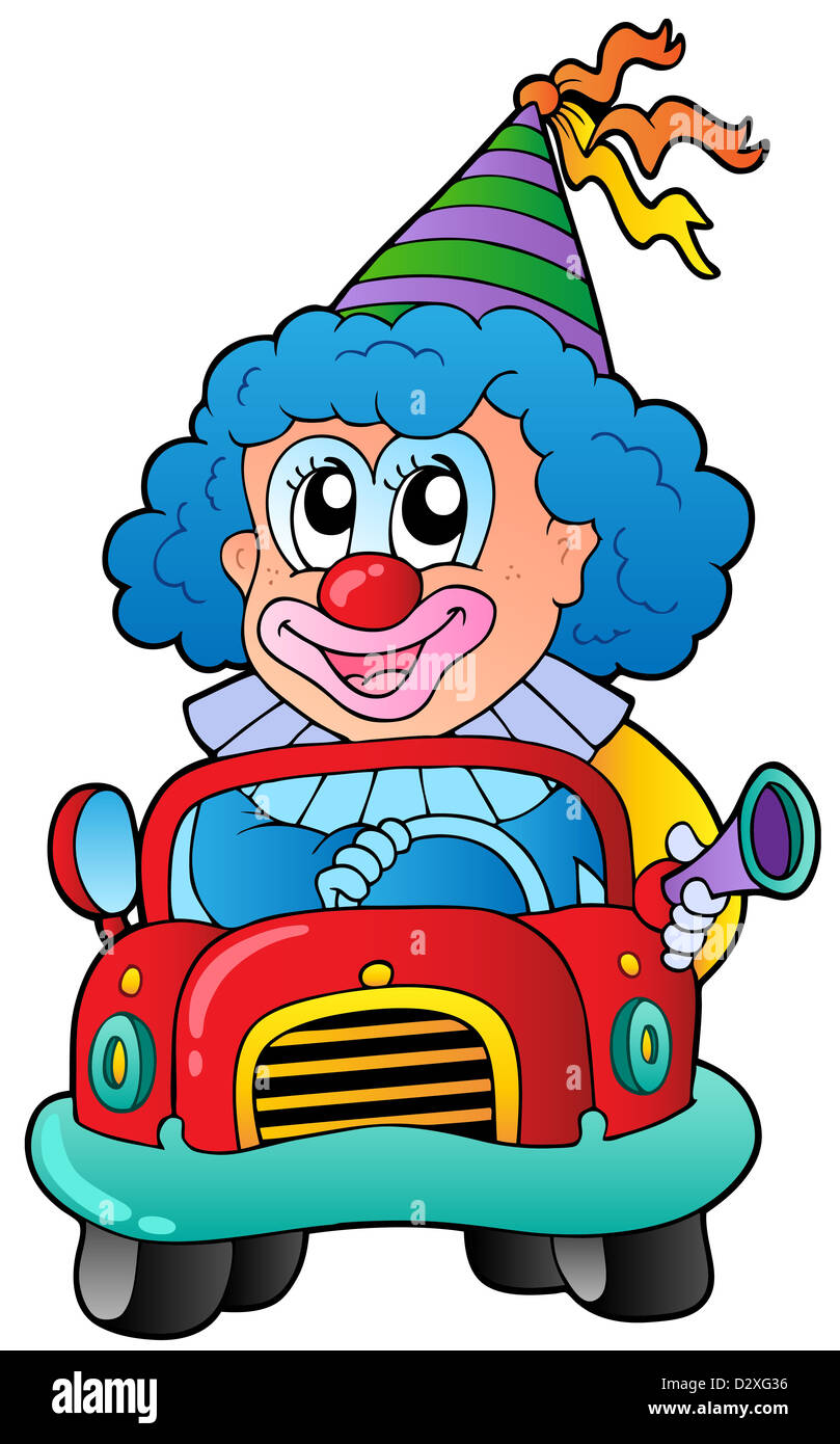 Cartoon clown driving car - isolated illustration Stock Photo - Alamy