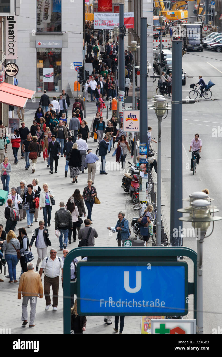 Berlin, Germany, pedestrians on the sidewalk on Friedrichstrasse ...