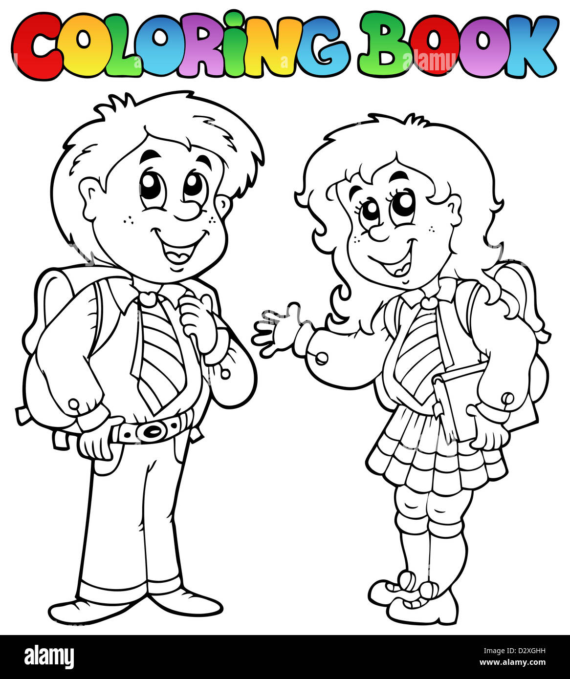 Coloring book with two students - thematic illustration Stock Photo - Alamy